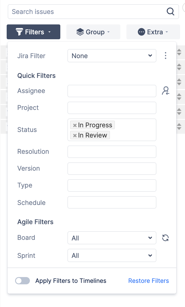 Applying Filters - Issue Panel